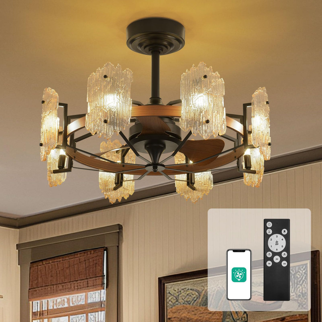 28" Orison Retro Caged Ceiling Fan with Lights, APP/Remote Control wit ...